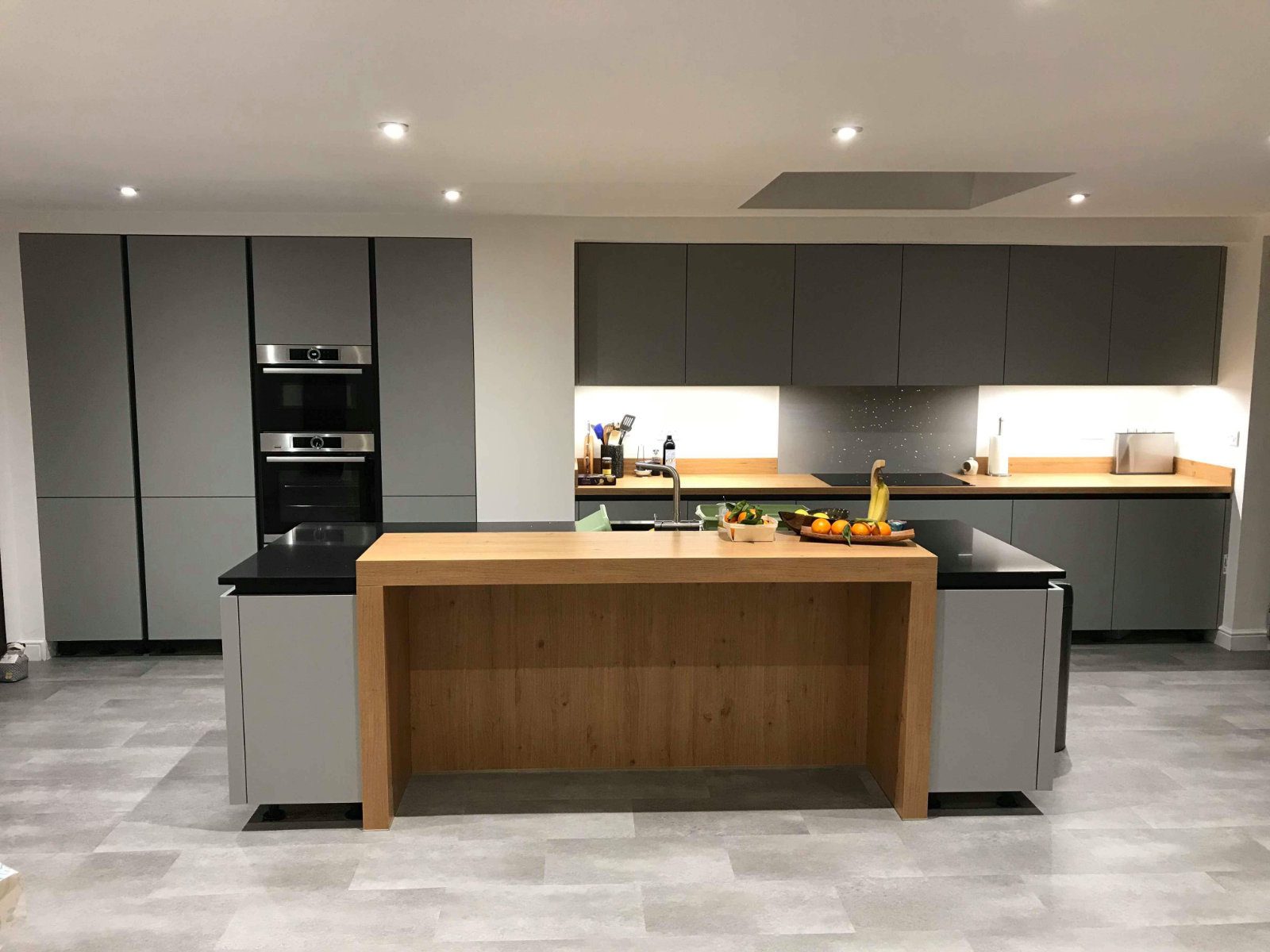 Grey Handleless Kitchen With Wood Island | Classique Kitchens